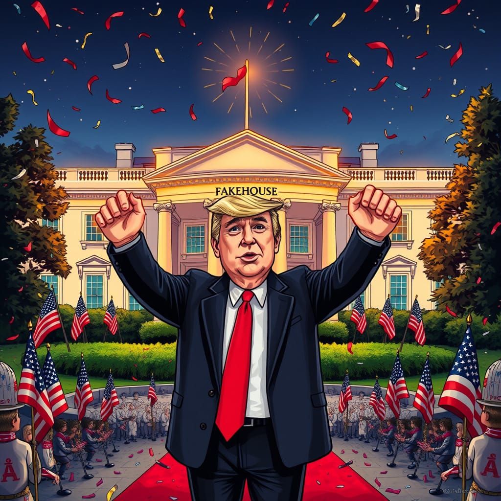 Donald Trump Unveils FAKEHOUSE with Vibrant Neon S... - AI Art