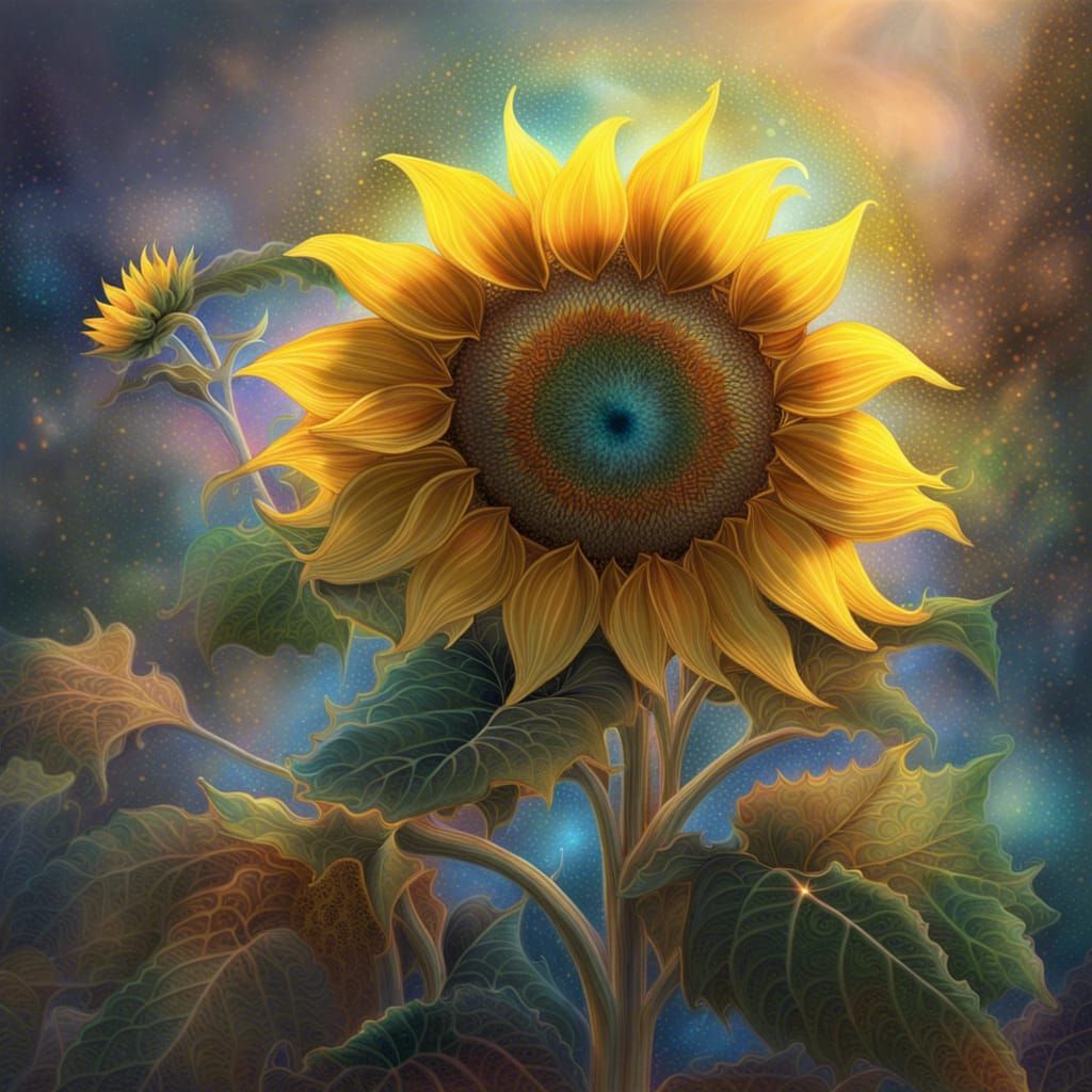 sunflower with curvy leaves 8k resolution holographic astral cosmic ...
