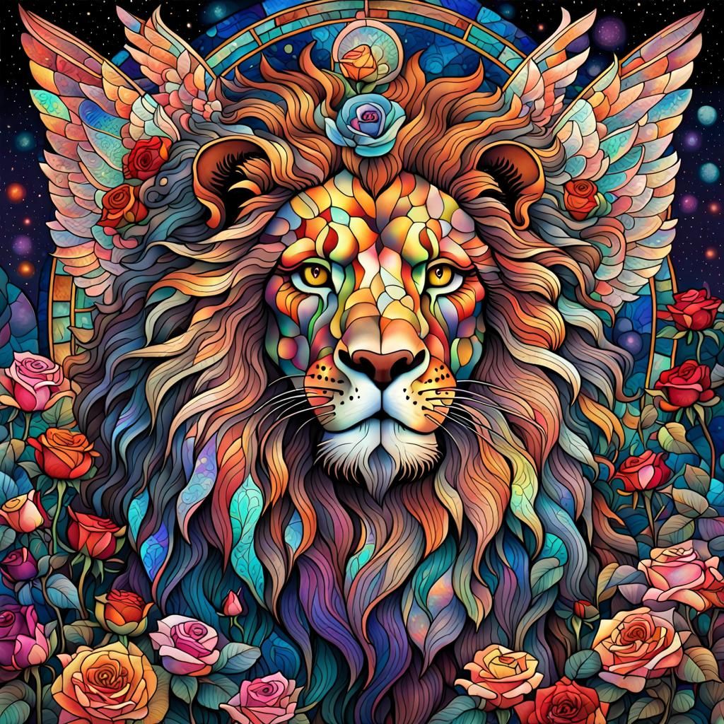 (intricately detailed psychedelic stained glass art of a mystical lion ...