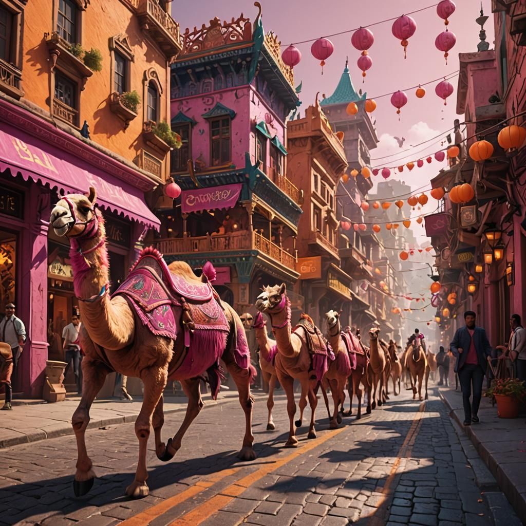 Pink camels and orange llamas galloping down main street. - AI Generated Artwork - NightCafe Creator