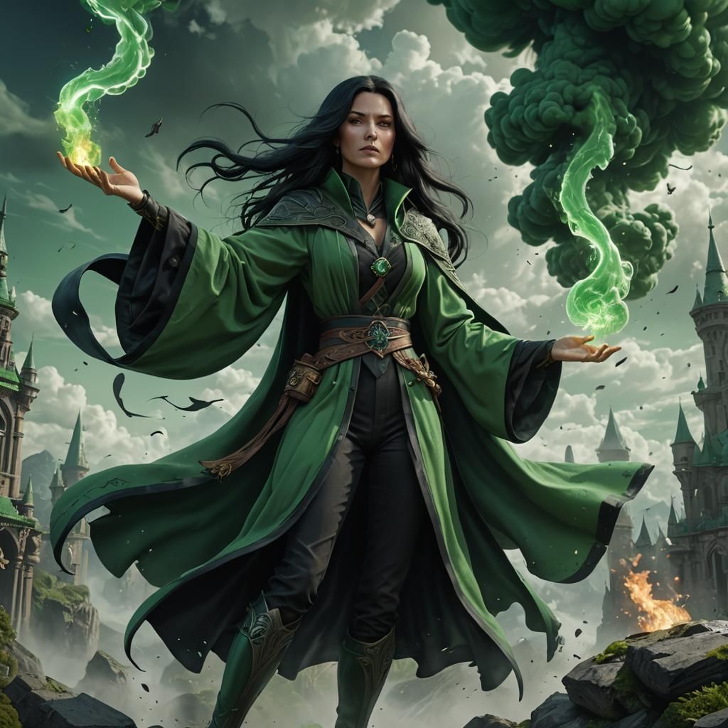 Female human wizard with long black hair wearing green robes with black ...