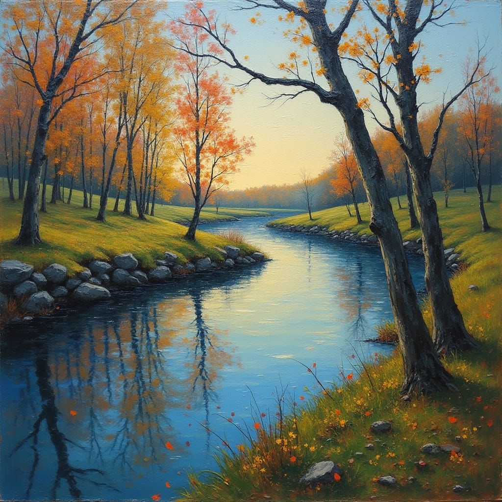 Portrait of a river landscape, in the style of expressionist painter ...