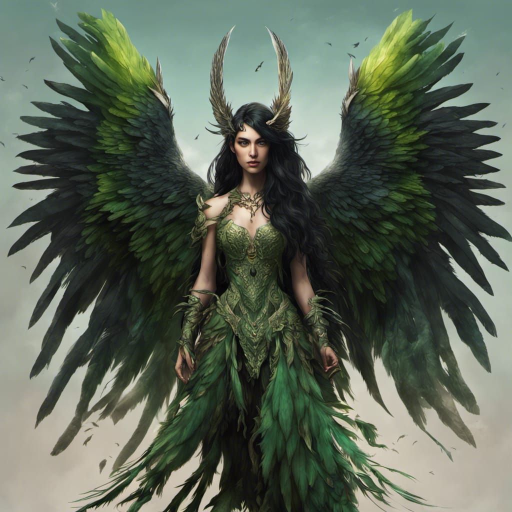 Full Body Portrait Beautiful Female Harpy With Long Black Hair with ...