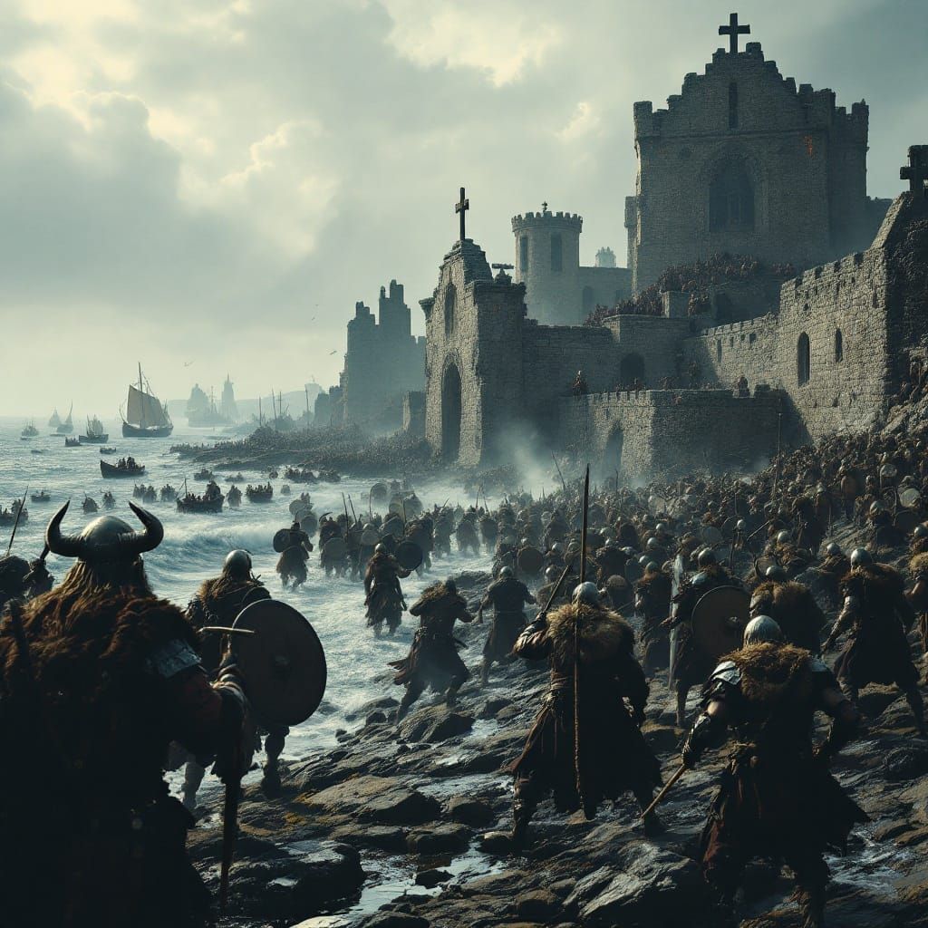 Viking Raiders on Lindisfarne's Ancient Monastery - AI Art