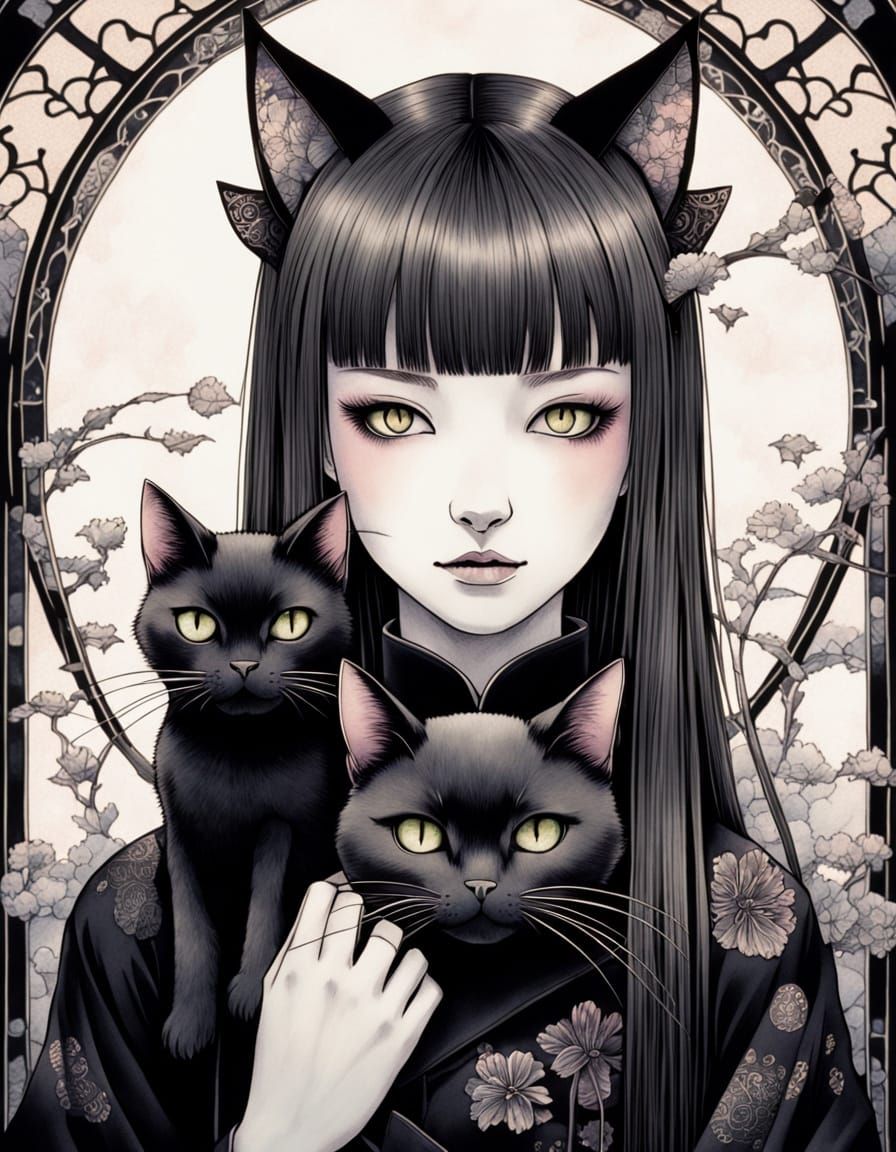 Gothic Girl Hugs Black Cat in Elegant, Dreamlike P... - AI Art