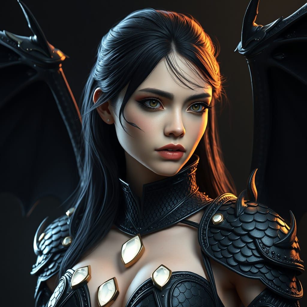 Mysterious Female Warrior with Bat Wings and Scale... - AI Art