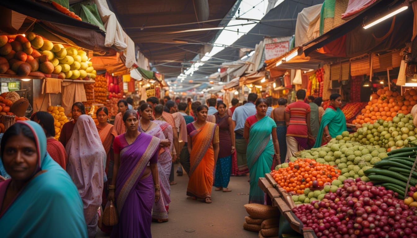 Indian bazaar, vegetable and fruit market, Indian women in sari ...