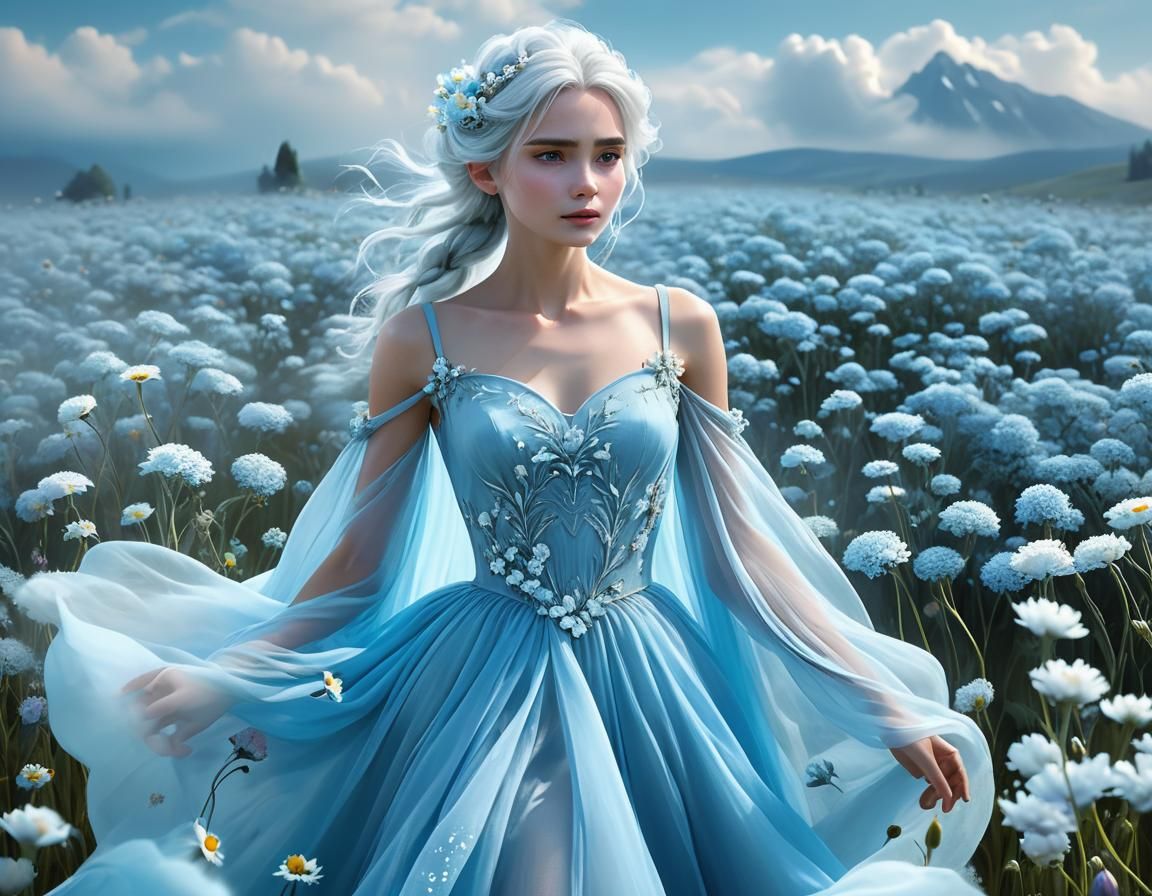 a woman in a light blue vaporous dress standing in a field of flowers ...