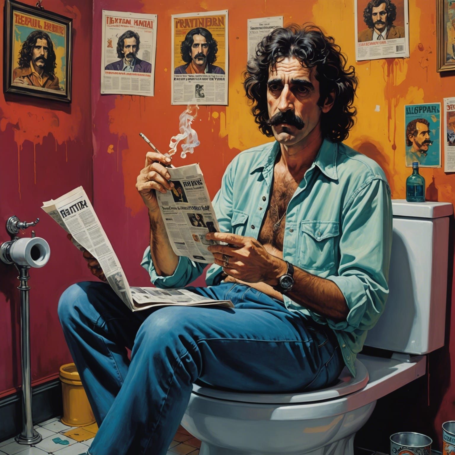 Frank Zappa sits on a toilet, smokes, drinks whisky and reads a ...