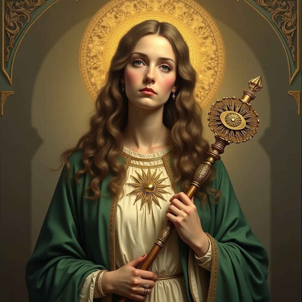 Renaissance Virgin Mary in Golden Halo, Holding Sc... - AI Art