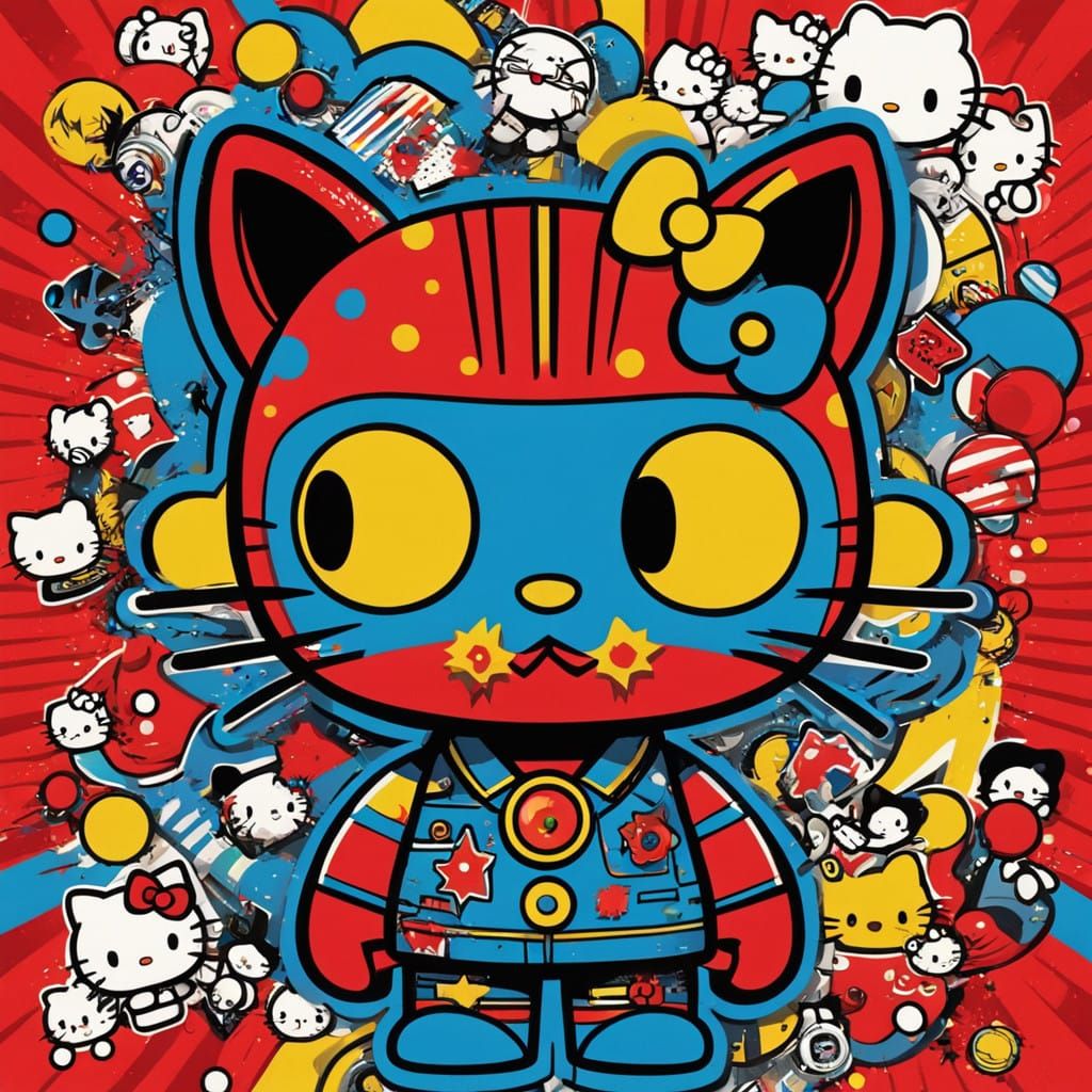 Kawaii Pop Art Labubu Toy Head in Angry Hello Kitt... - AI Art