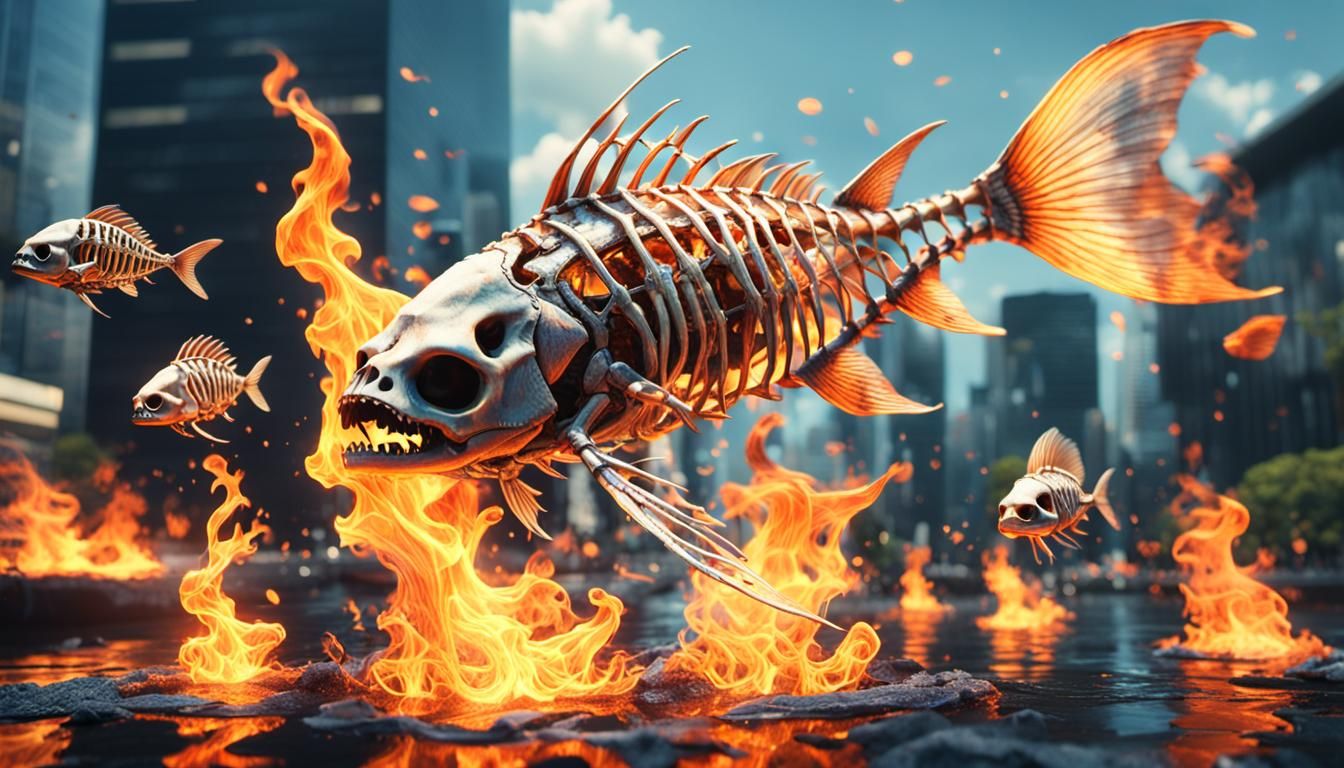 Skeleton fishes on flames!! - AI Generated Artwork - NightCafe Creator