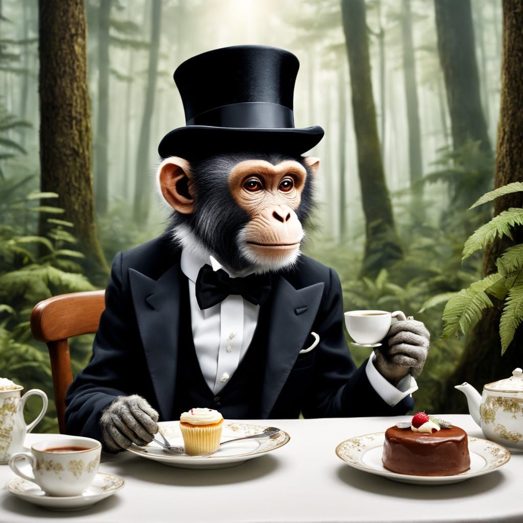 Mad Hatter - Monkey in Top Hat Sips Tea in Whimsical Forest...