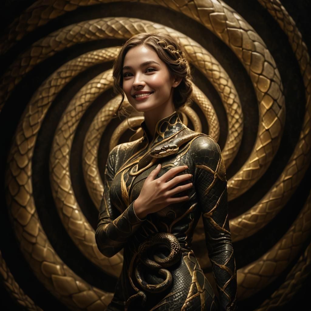 Woman at hypnotic snake - Woman in Serpentine Harmony with H...