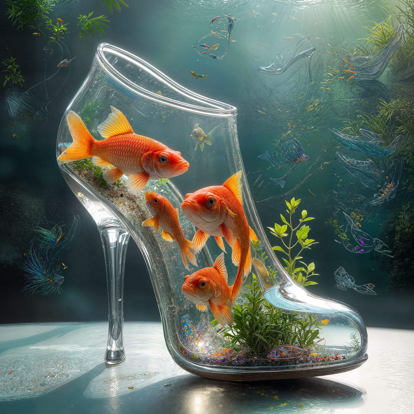 School of gorgeous colorful fish inside a clear high heel shoe, with ...