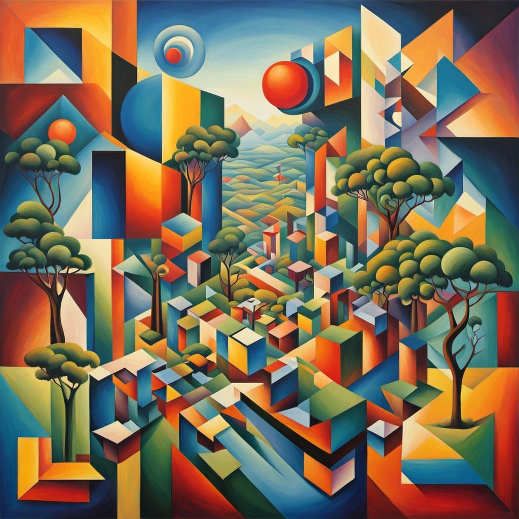 A Square Image of a Cubist Landscape Made of Squares