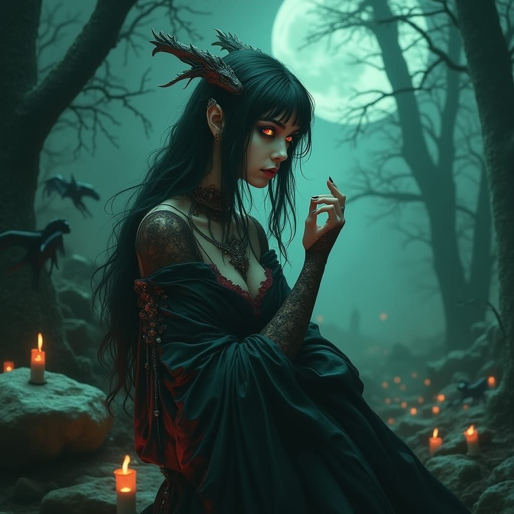 Gothic Dragon Queen Reigns Supreme Under Blood Ful... - AI Art