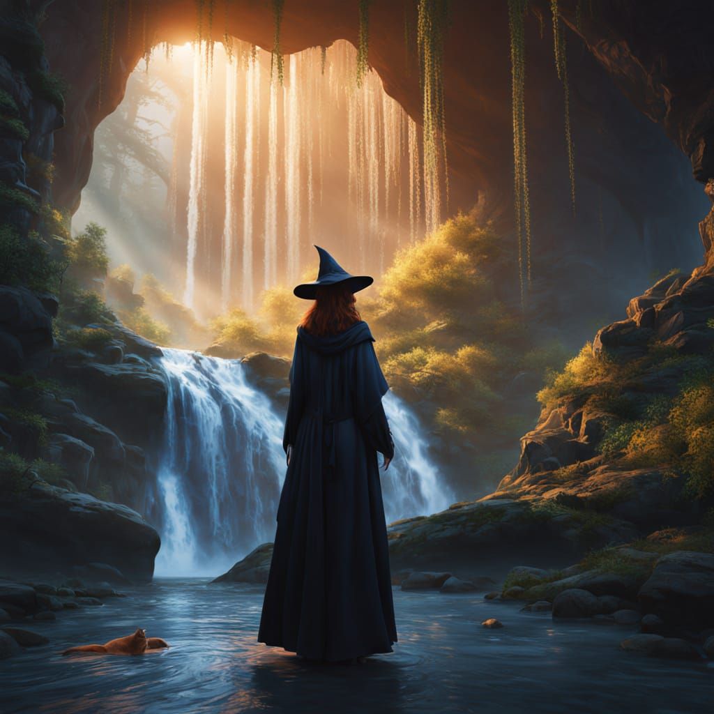 Young Witch and Waterfall. - Fantasy Waterfall Enchantress i...