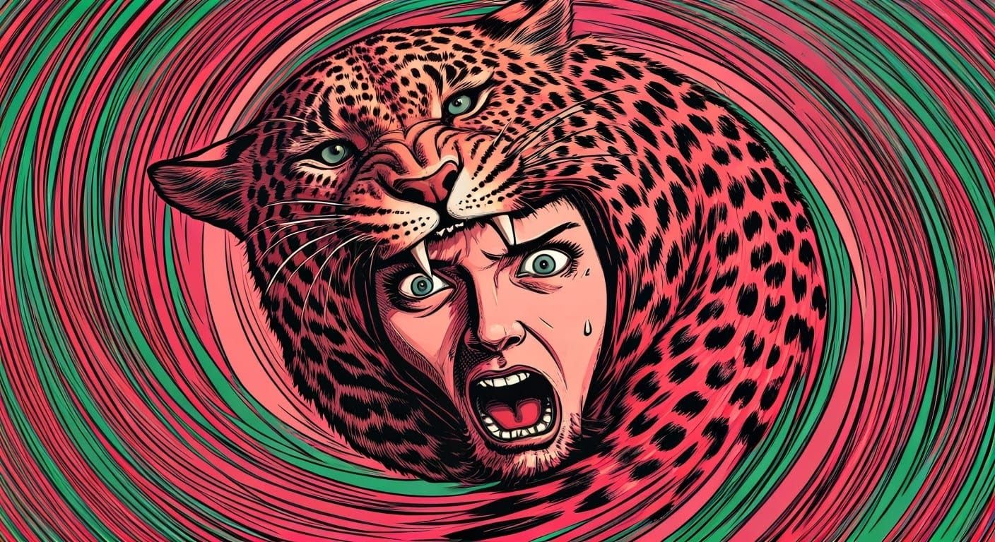 Psychedelic Leopard Devours Frightened Face in Vib... - AI Art