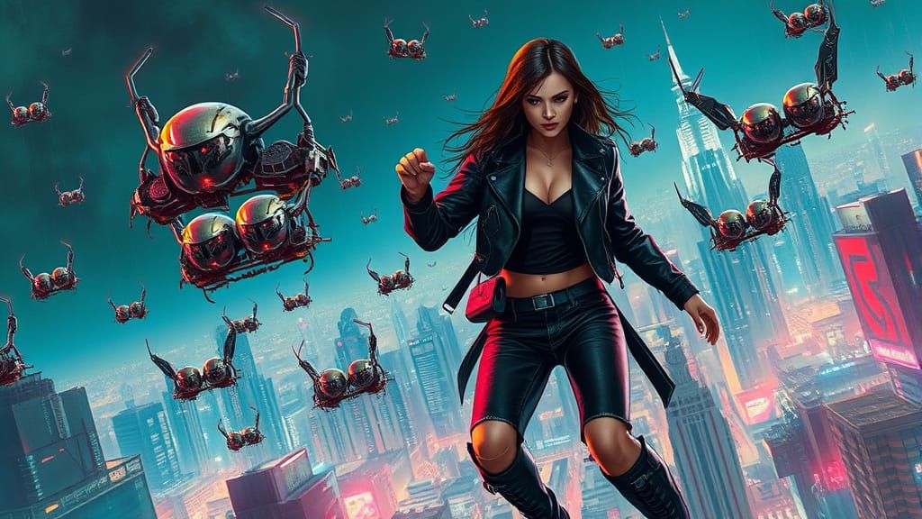 Cyberpunk Warrior Battles Robotic Flying Bras in N... - AI Art