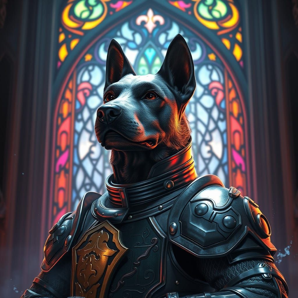 Sir Dusty - Knight with Stained Glass Dog's Head in Vibran...