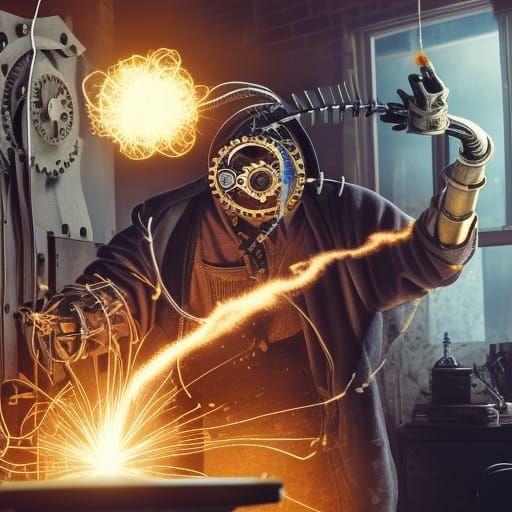 a wizard with a metal arm and a mechanical eye, working on a steampunk ...