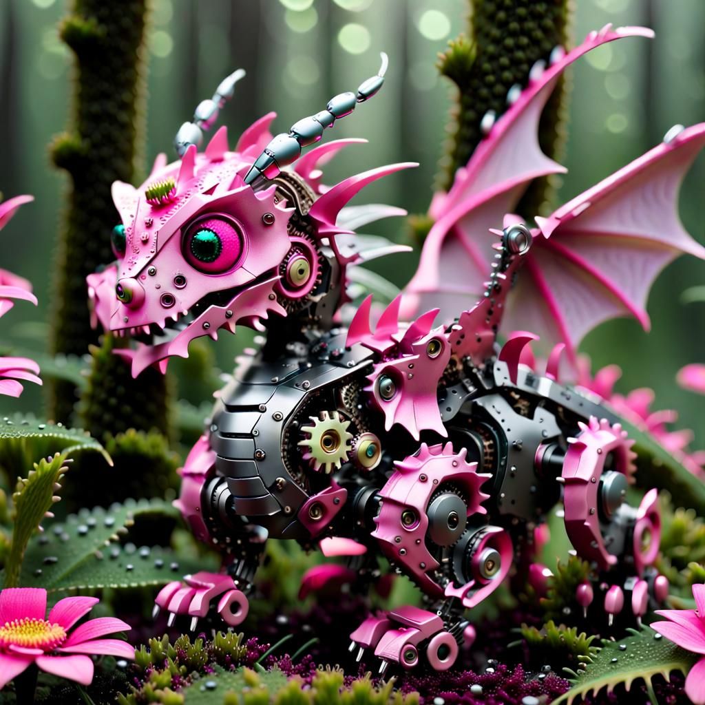 "In a forest A tiny, meticulously designed robotic cute dragon with ...