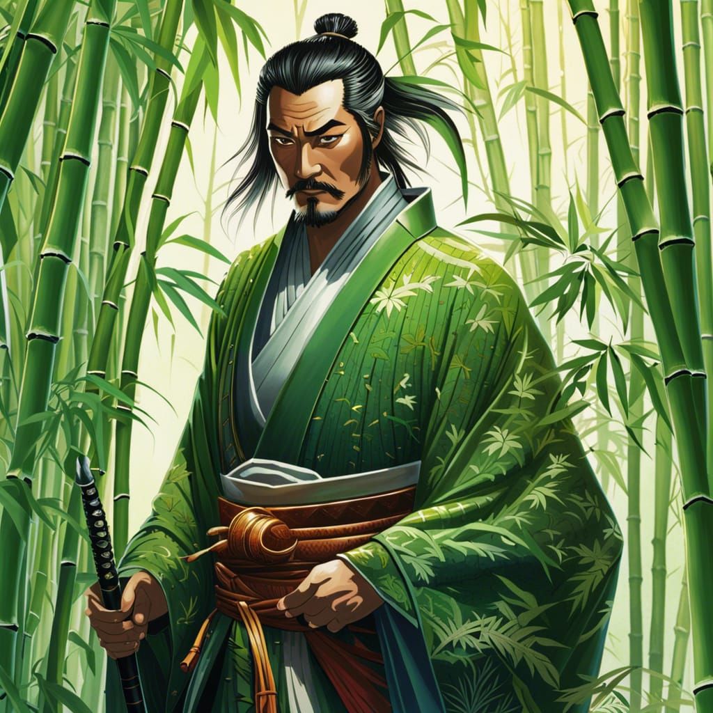 master samurai, draped in an intricately patterned robe of verdant hues ...