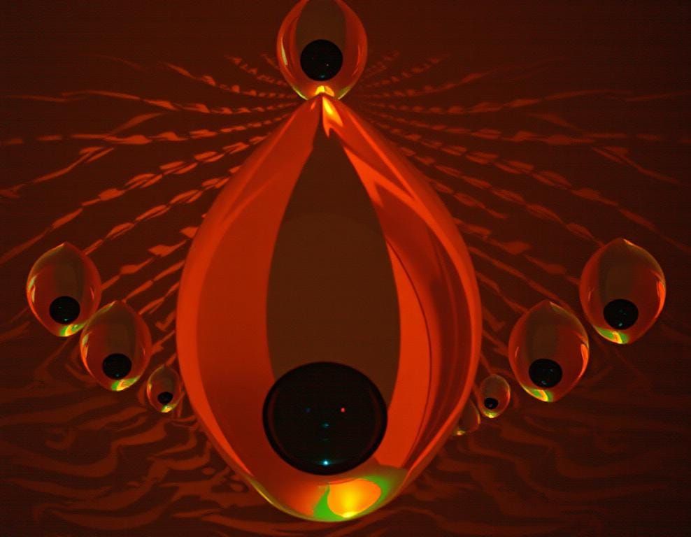 Silver cyborg floating eyes in a sea of mercury