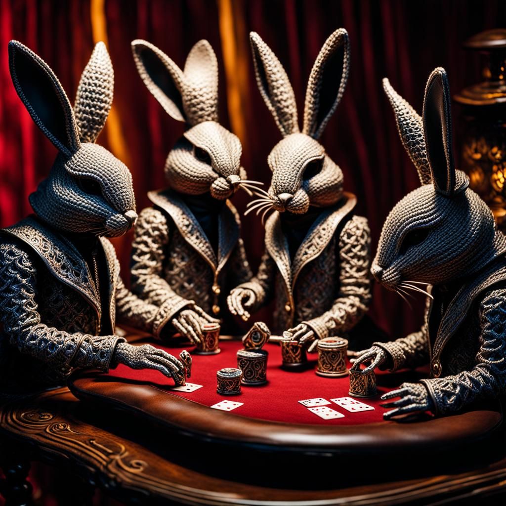 crocheted Bunnies playing poker - AI Generated Artwork - NightCafe Creator