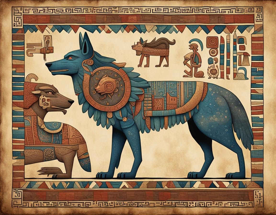 beautiful Flat Side-Profile Pictorial Aztec Manuscript of **Two Animals ...