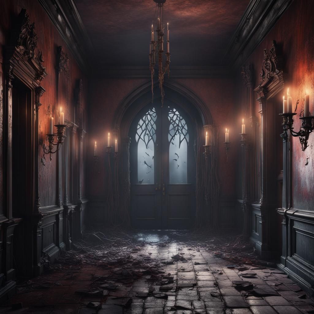 A destroyed hallway in a creepy, gothic mansion. Foggy. Mysterious ...