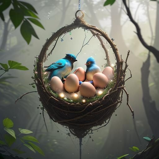 Bird b on its nest/bird rooding its eggs/Superb bird's nest nestled in the branches, with a bird ...