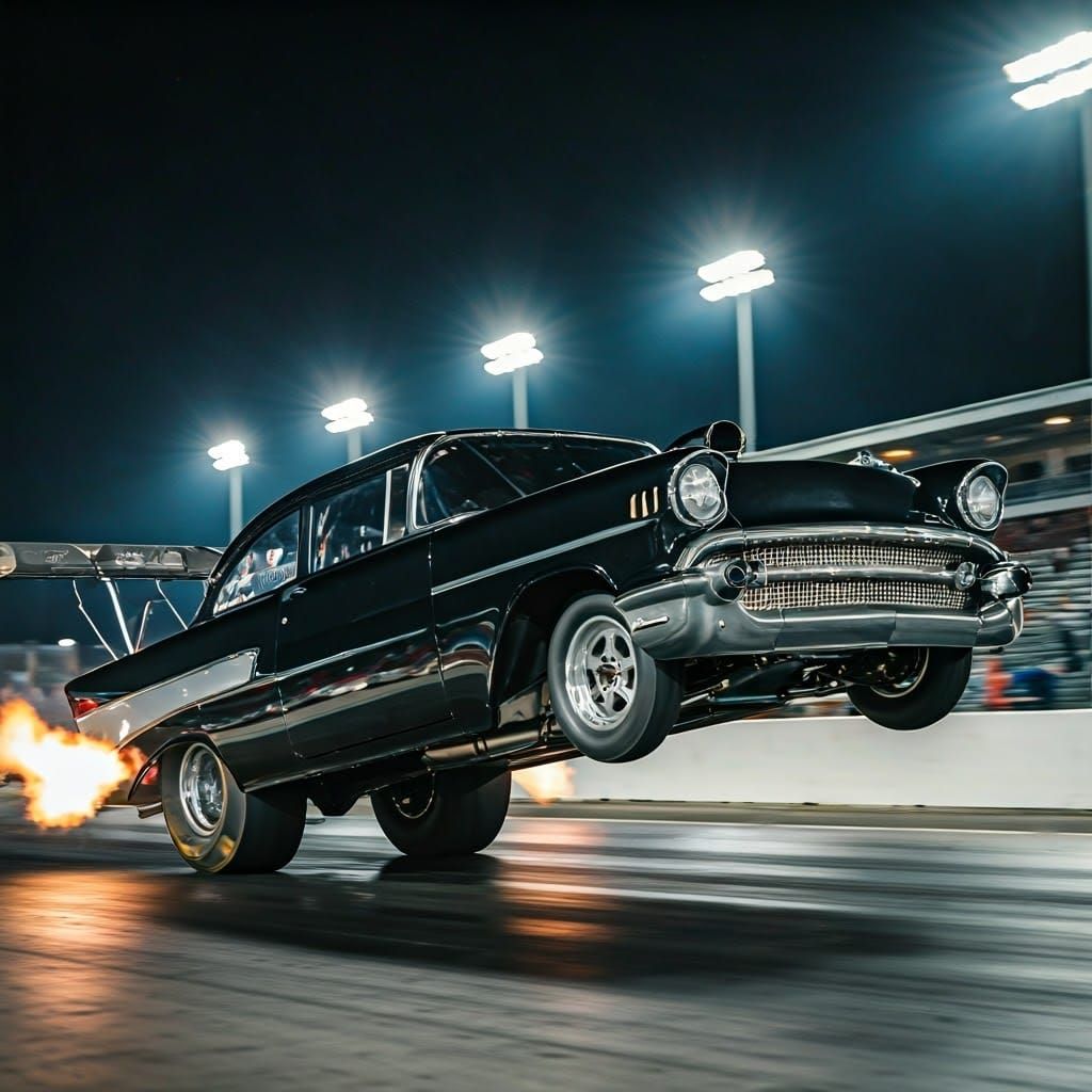 Sleek Black Drag Racer Performs Electrifying Wheel... - AI Art