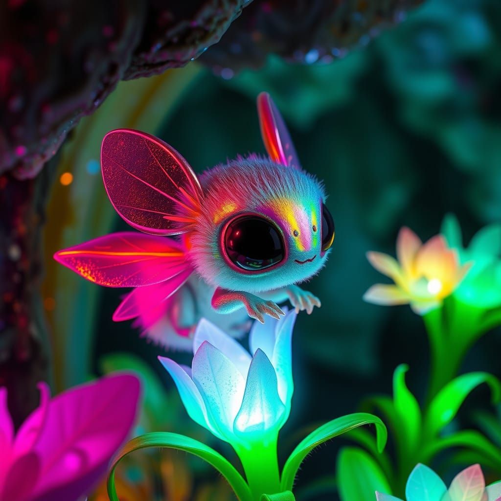 Ethereal Alien Fuzzball with Rainbow Wings - AI Art
