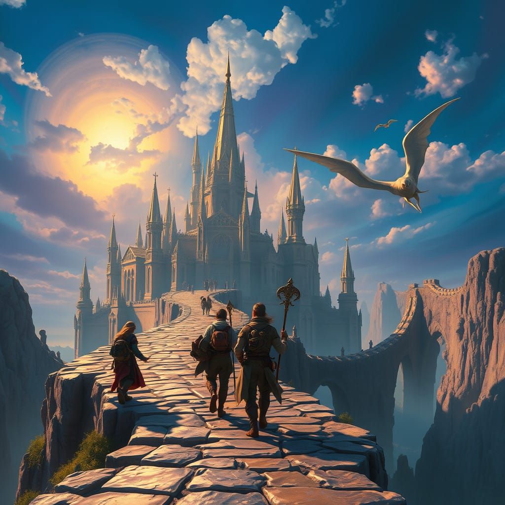 Adventurers Stroll Through Majestic Flying City - AI Art