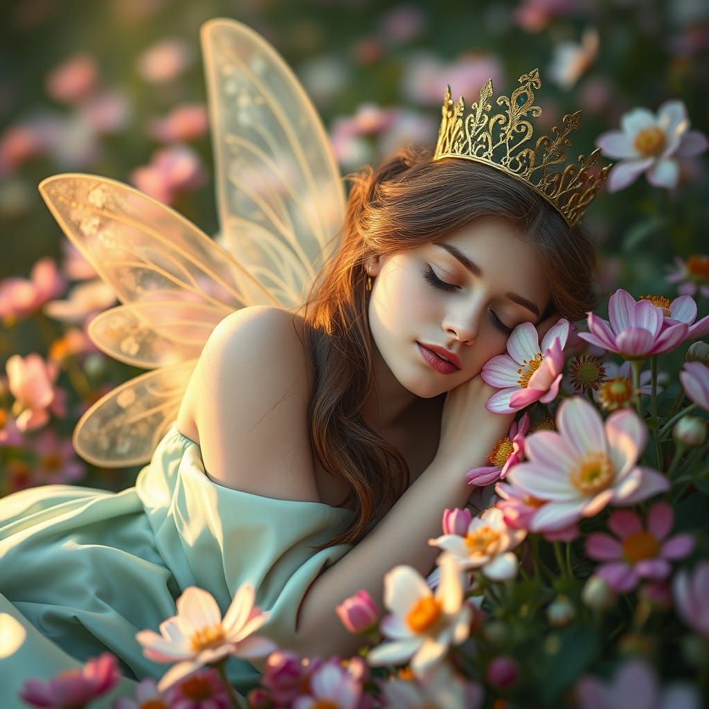 sleepy fairy - Luminous Fairy Slumbers amidst Blooming Flora...