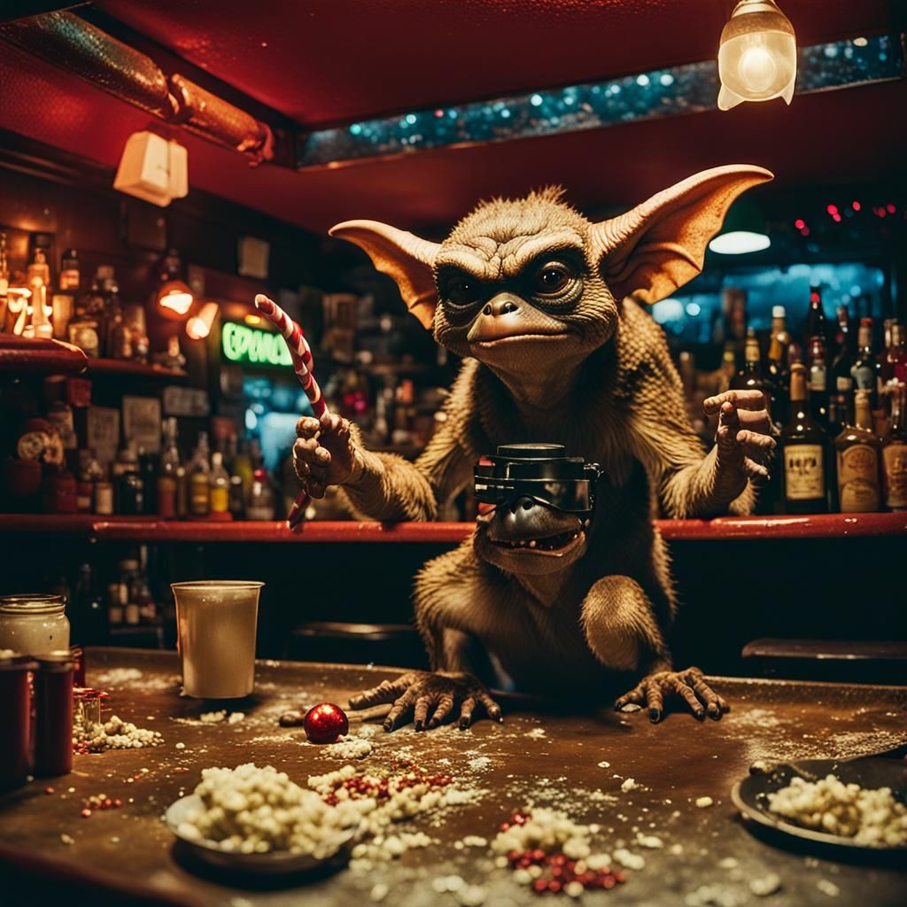 Gremlins Rampage Through a Dimly Lit Dive Bar on C... - AI Art