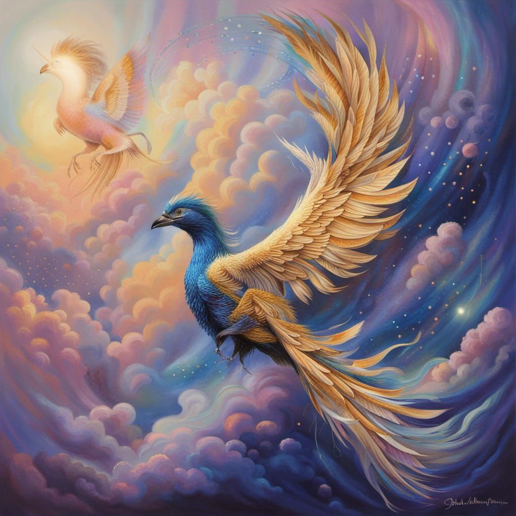 In the enchanted skies of the fantasy realm, a magnificent avian creature soars gracefully ...