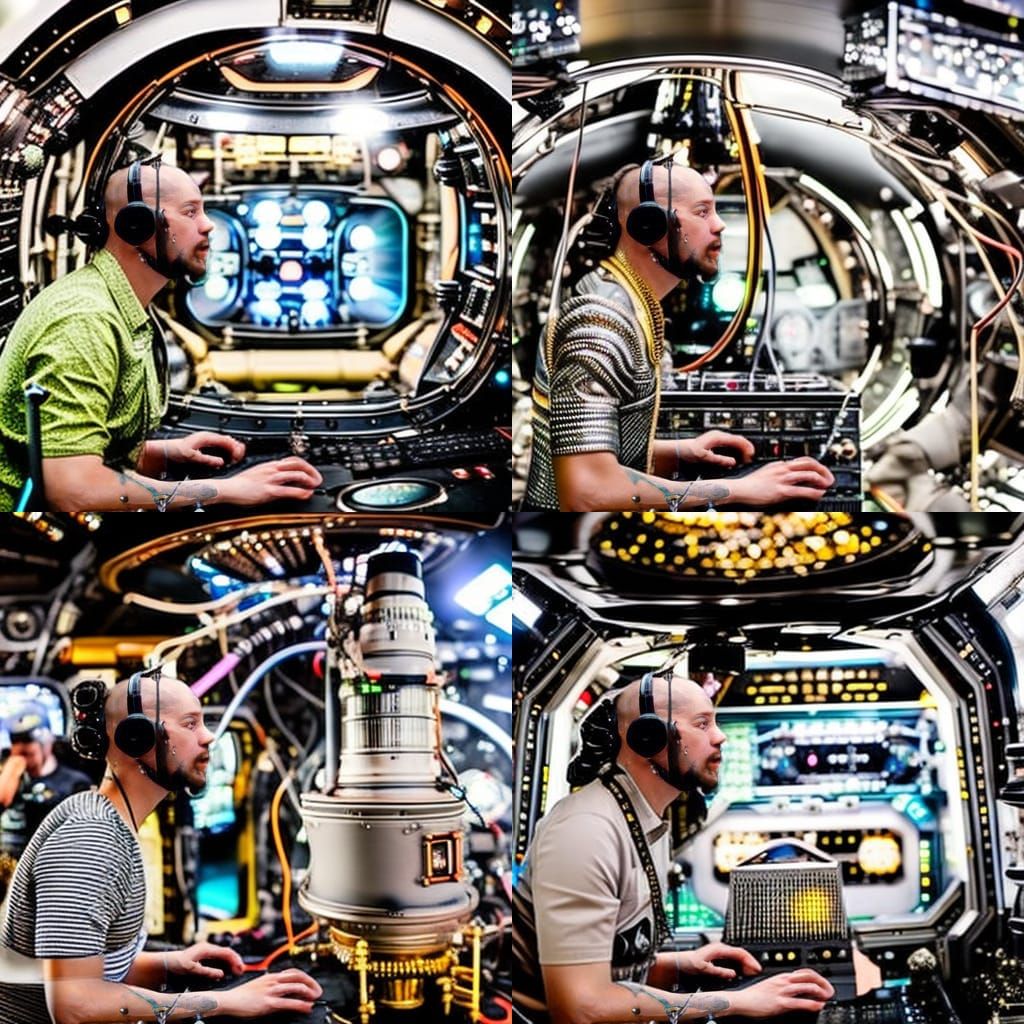 an alien operating strange electronics in a spaceship cocpit ...