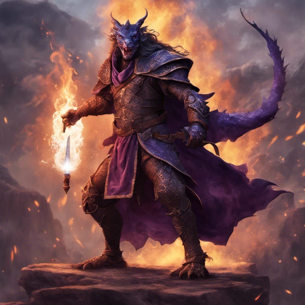 a purple scaled dragonborn casting a firebolt spell - AI Generated ...
