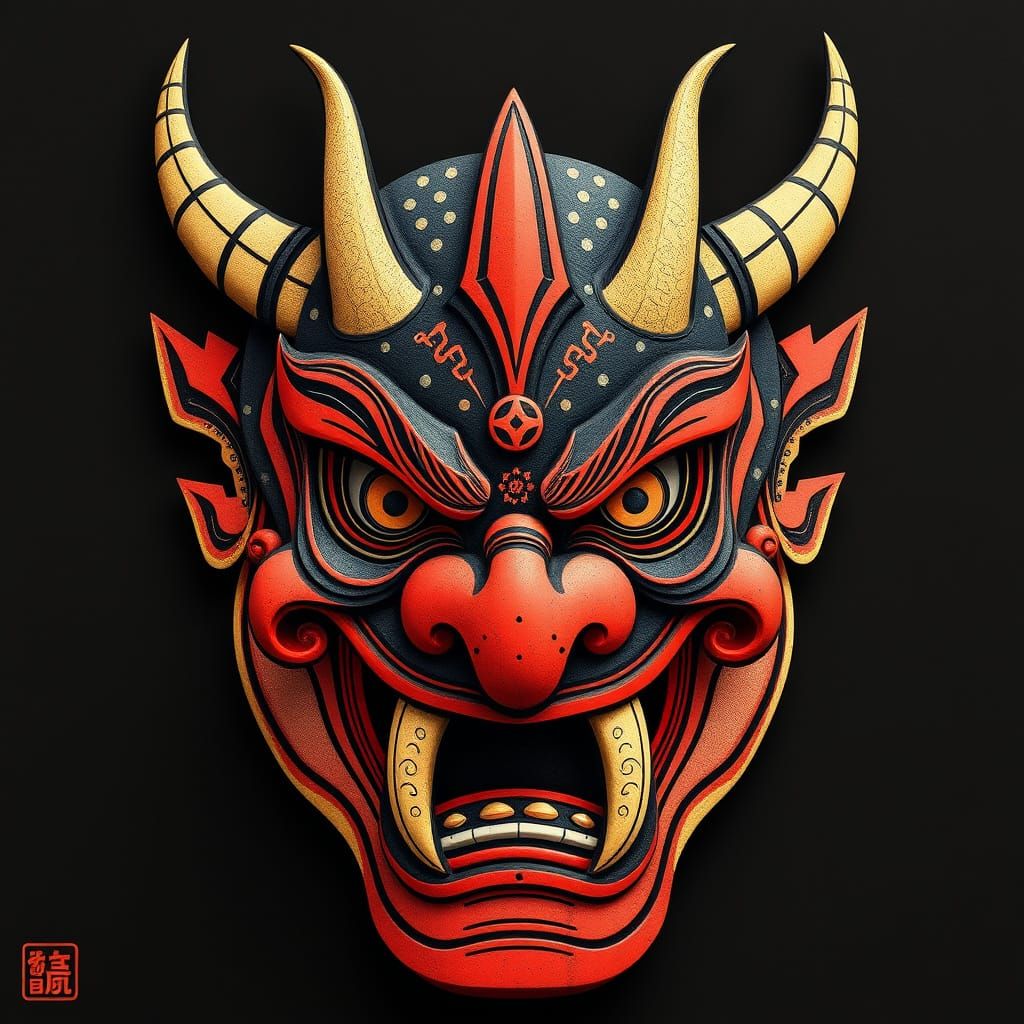 "Noh Theater Demon Mask" - Japanese Noh Demon Mask in Tradi...