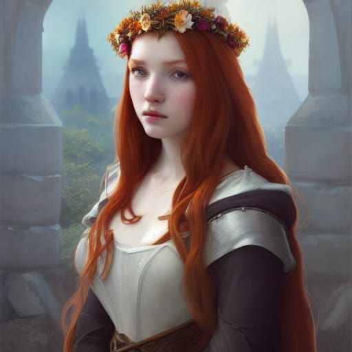 beautiful redhead Breton princess, medieval garb, flower crown, in a white tower, soft light ...