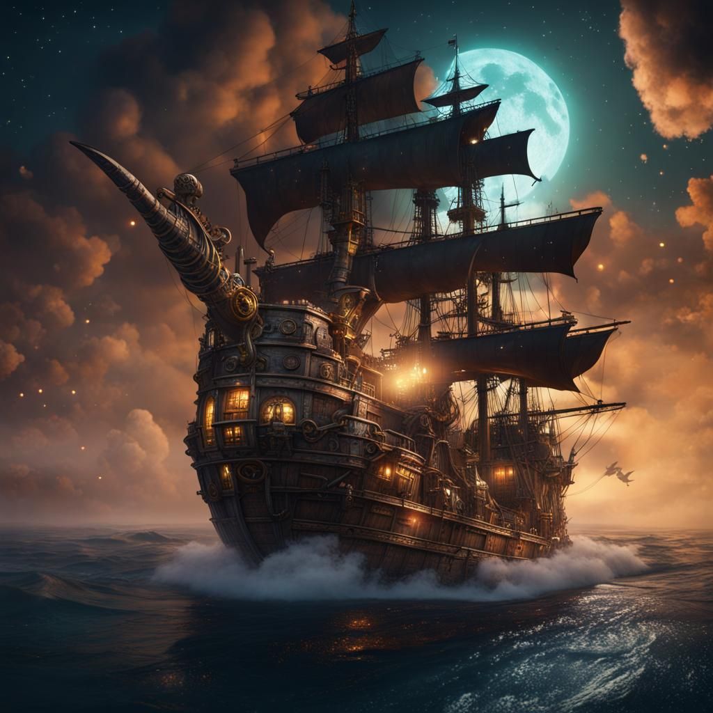 Steampunk pirate ship soaring through the night sky detailed matte ...