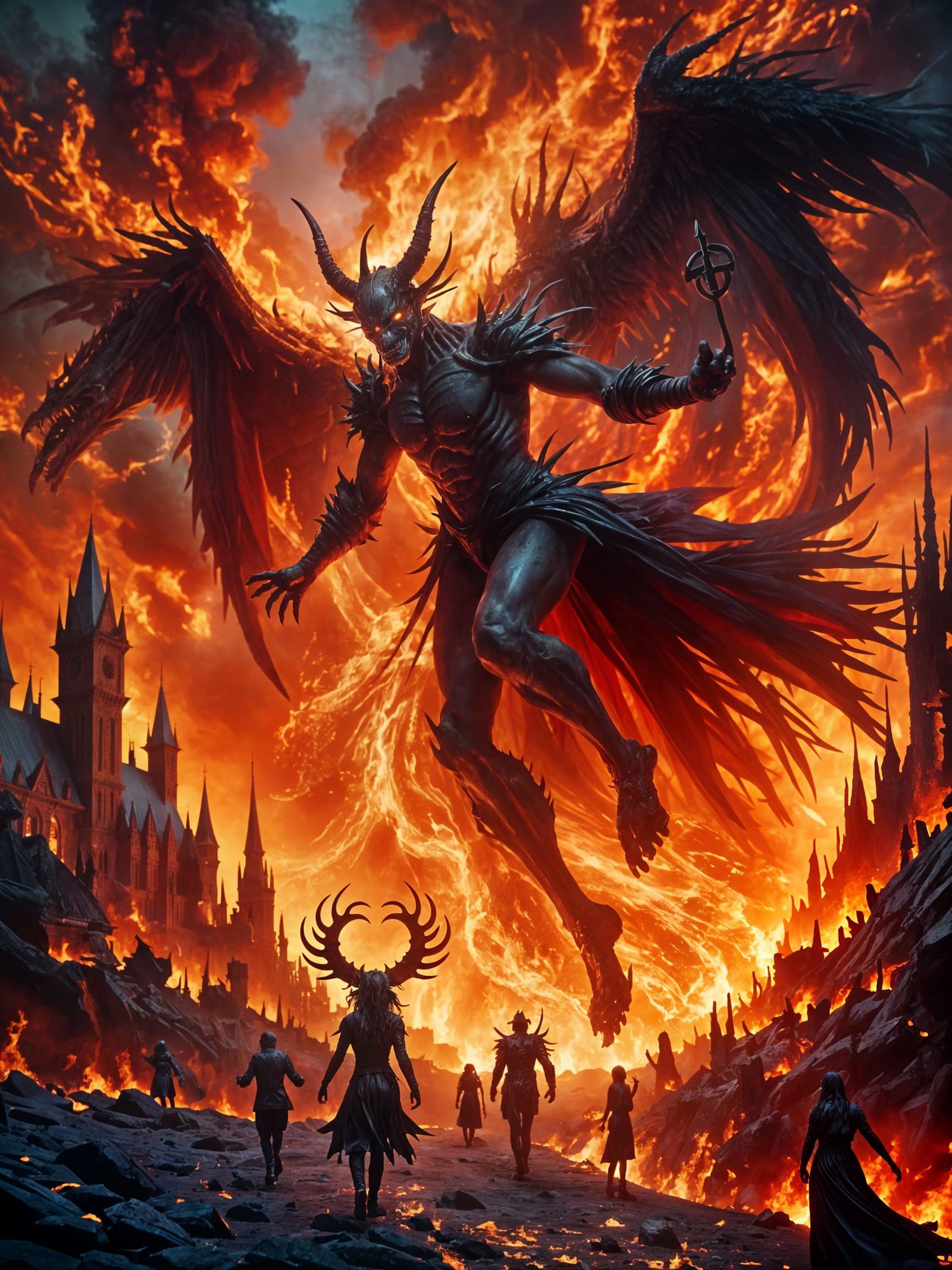 demons, fire, hell, creatures, runes Hyperrealistic, Realistic flames,