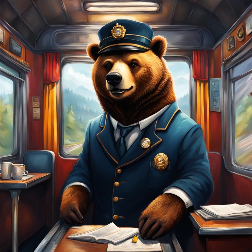 Mr Bear is on a train working as a train conductor - AI Generated ...