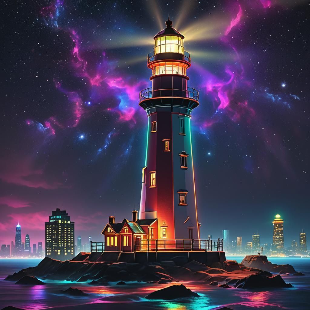 A nightly lighthouse in neon light - AI Generated Artwork - NightCafe ...