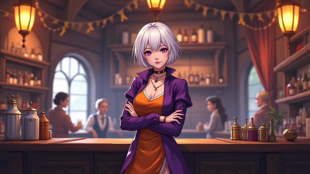Elegant Tavern Keeper in Vibrant Fantasy Attire - AI Art
