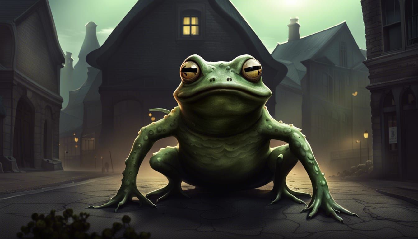 A Lovecraftian Frog rising out of the ground in the middle of a town ...