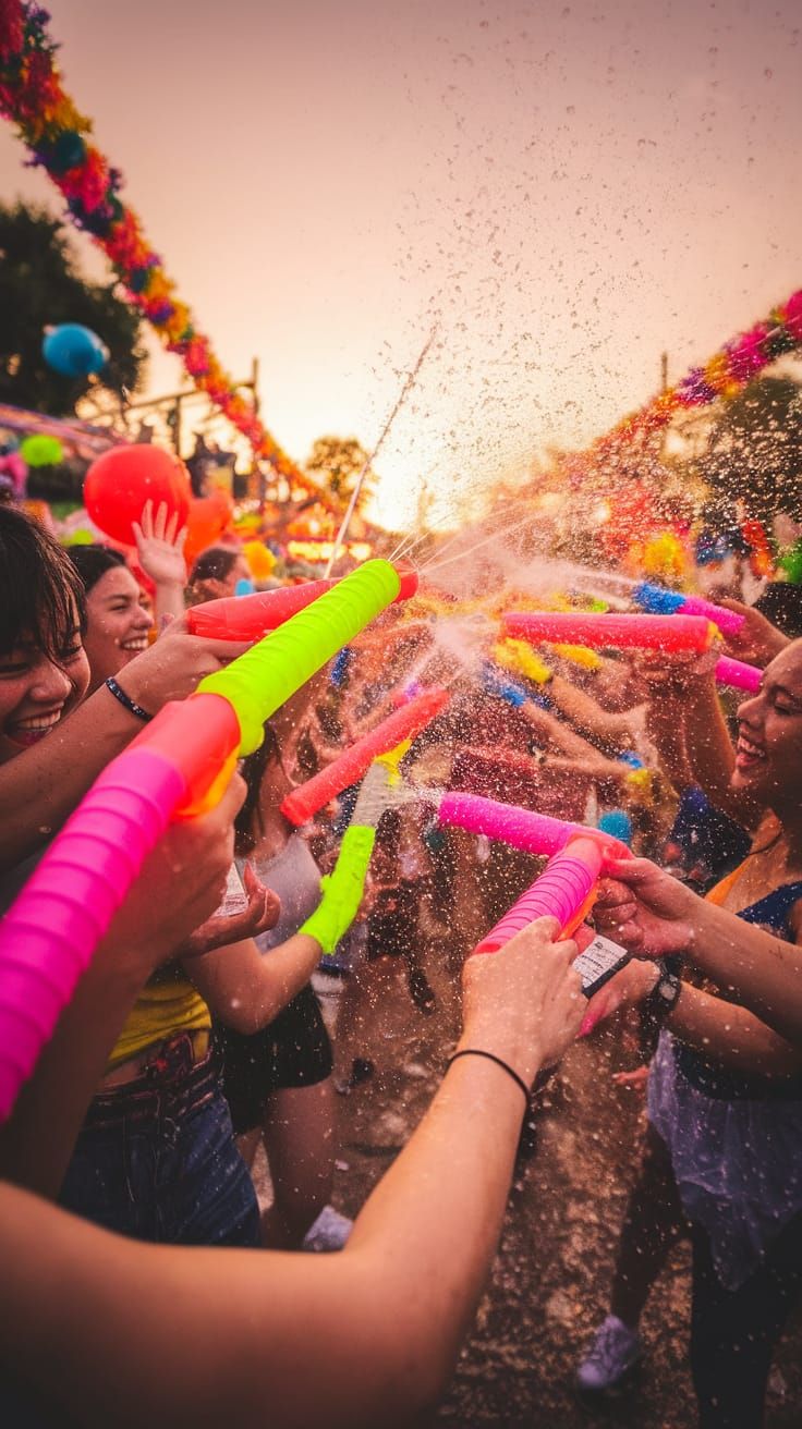 Songkran Festival Chaos in Neon Colors - AI Art